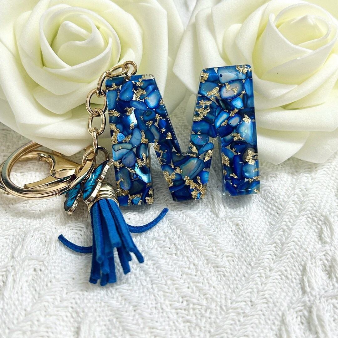 Sparkling Blue Glazed Stone A-Z Resin Keychain 26 Inscriptions ...