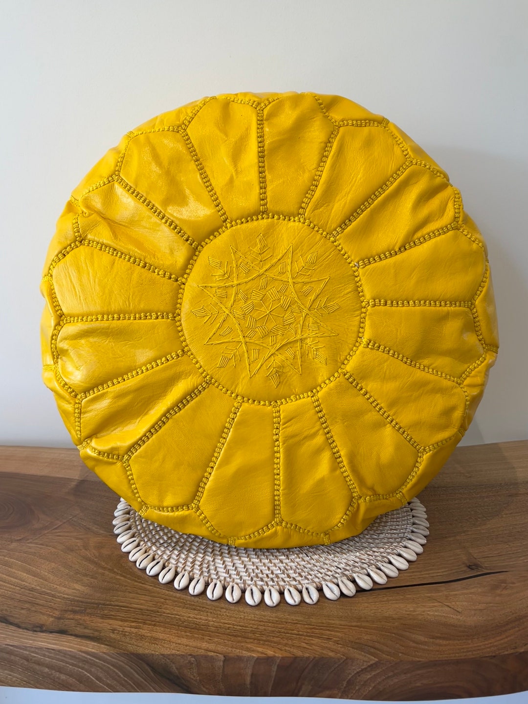 Moroccan Handmade Leather Pouffe - Yellow - Etsy