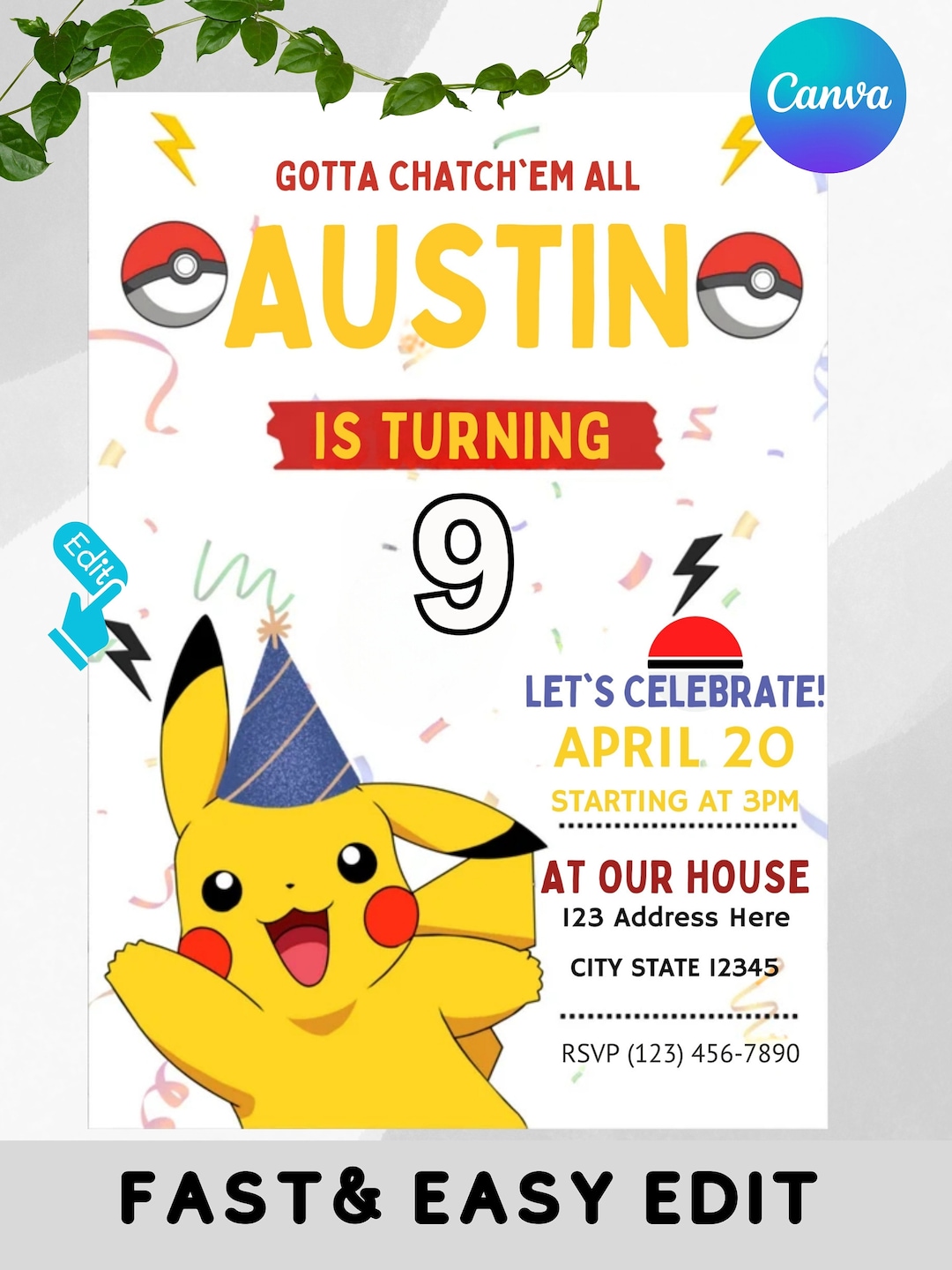 Pokemon Pikachuinvitation, Pikachu Birthday Invitation, Anime Boy ...
