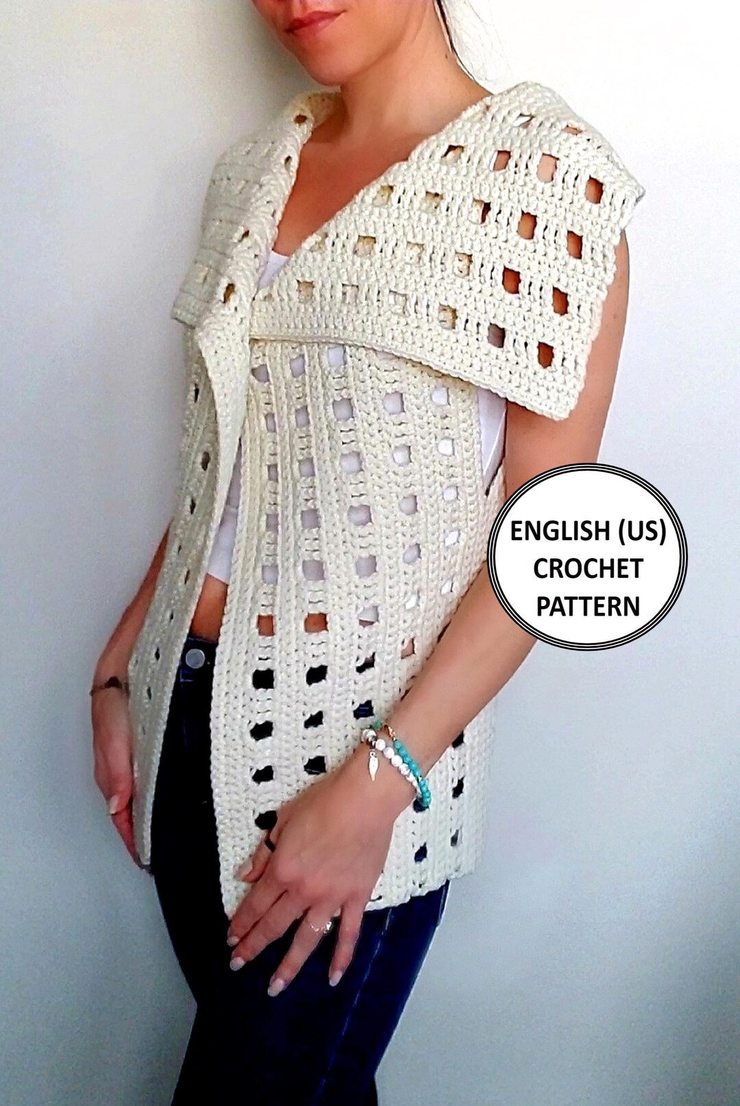 Crochet Pattern - Sleeveless Wide Collar Cardigan PDF Easy - Etsy UK