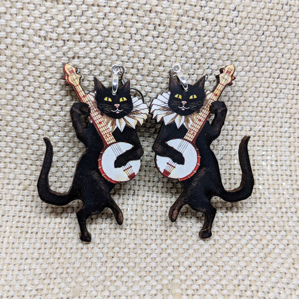 Banjo Cat Earrings / Musical Cat Jewelry / Laser Cut Wood Handmade ...