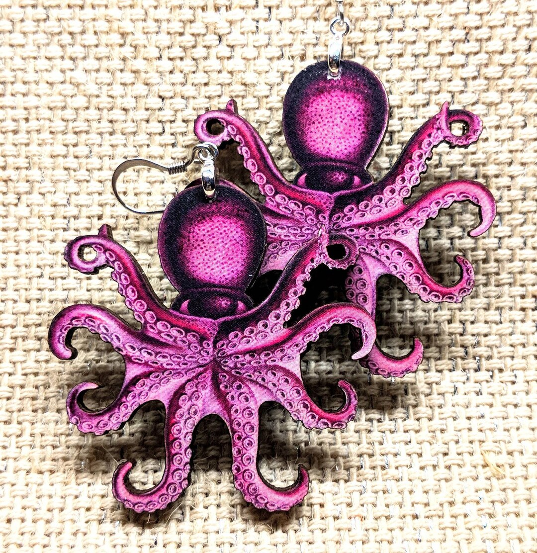 Pink Octopus Earrings / Laser Cut Wood Earrings / Nautical Earrings ...