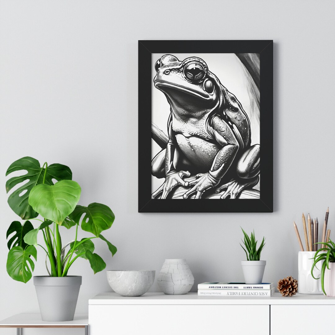 Realistic Frog Drawing Print Vertical Black and White Poster Art Hand ...