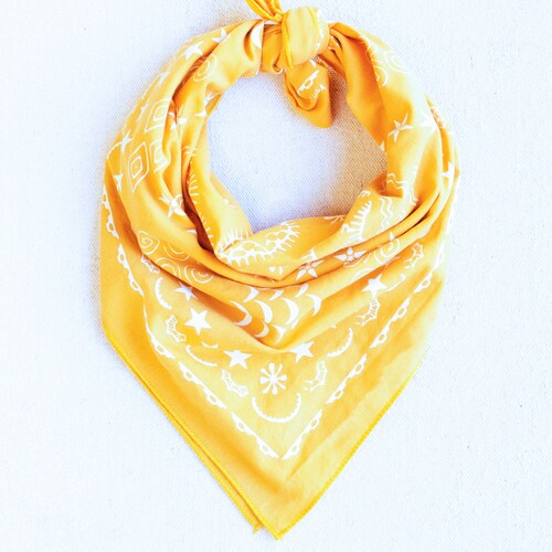 Hand Printed Golden Yellow Bandana Made in USA Zig Zag - Etsy