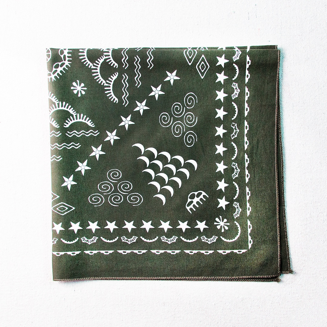 Olive Green Bandana for Women and Men, Hand Printed Elements of Nature ...