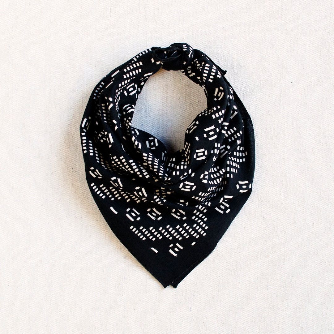 Black Bandana, Hand Printed Bandana, Zig Zag Design, Travel Accessory ...