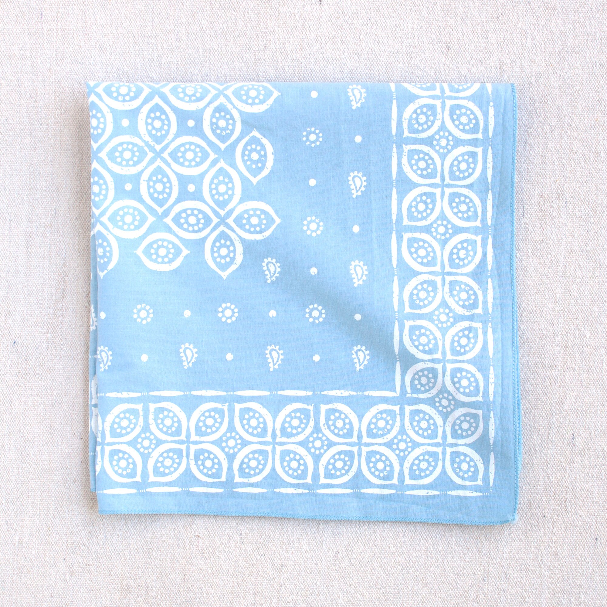 Hand Printed Paisley Bandana, Light Blue Cotton Scarf, Hiking Accessory ...