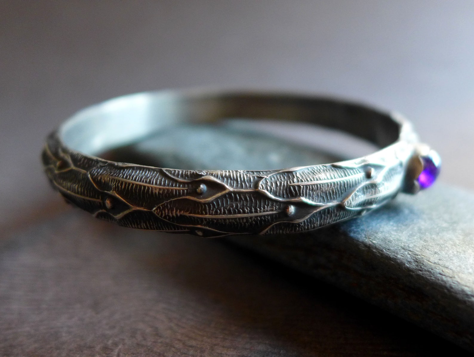 Gothic Sterling Silver Bangle Bracelet, Oxidized Floral Witchy Textured ...