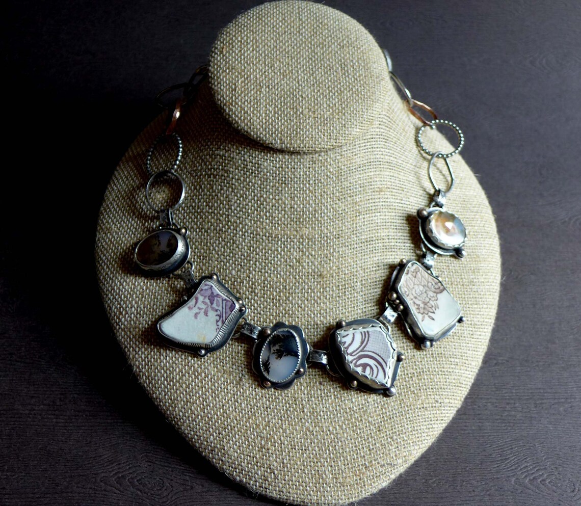 Brown White Moss Agate Pottery Shard Statement Necklace | Etsy