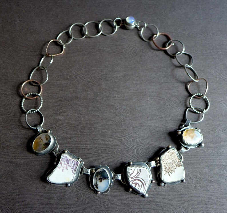 Brown White Moss Agate Pottery Shard Statement Necklace - Etsy
