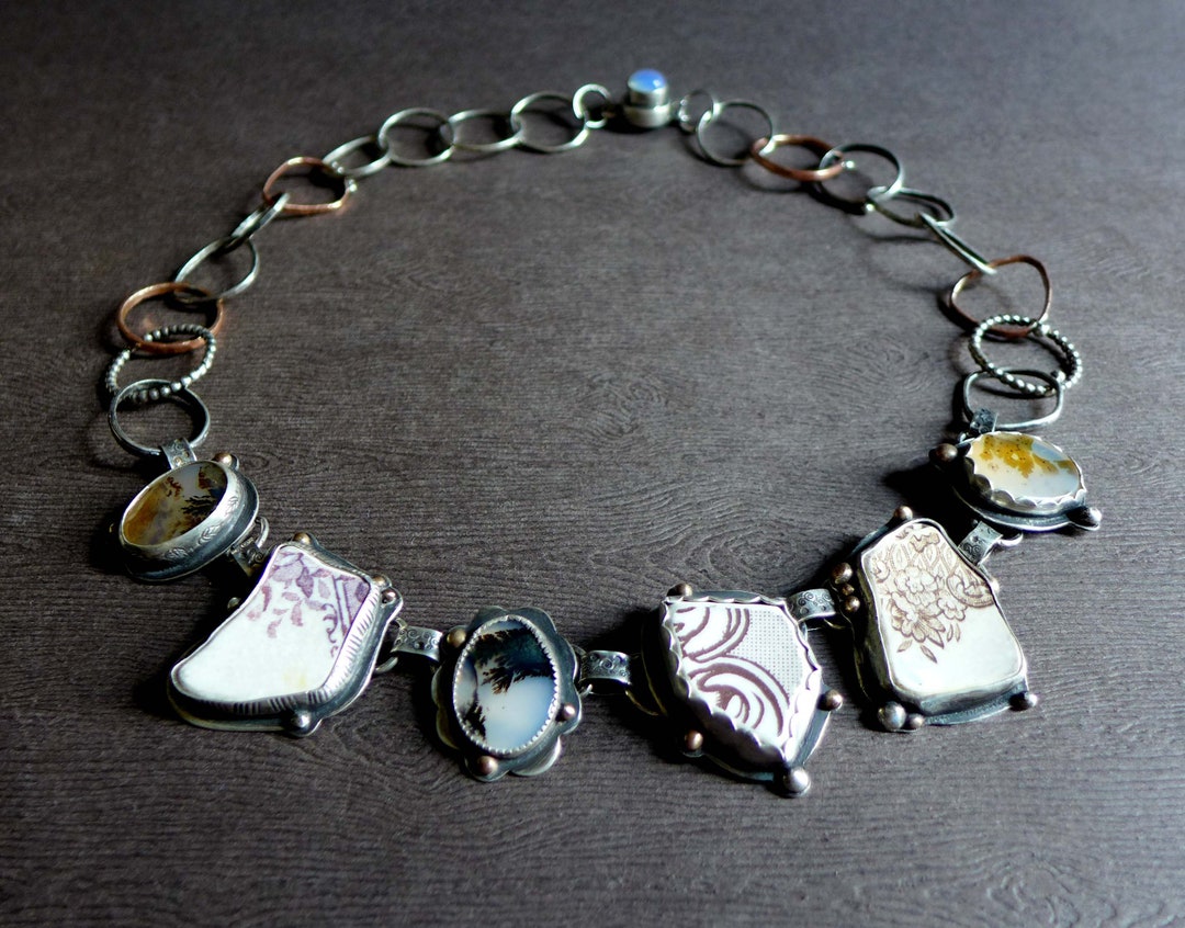 Brown White Moss Agate Pottery Shard Necklace, Sea Ocean Statement ...