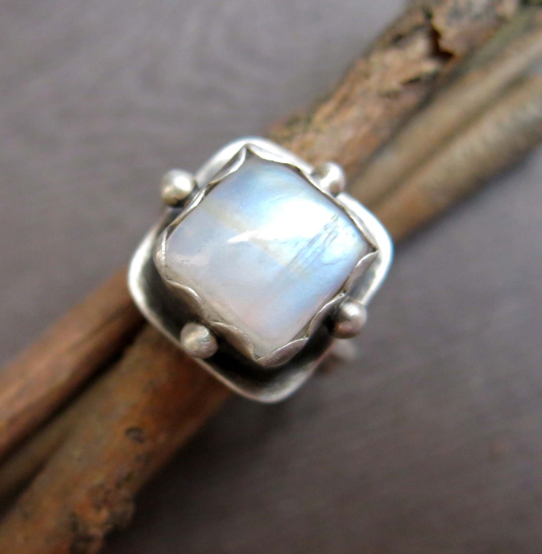 Rainbow Moonstone Sterling Silver Ring Size 7, White Gemstone Ring, Rustic Square Moonstone Ring ...