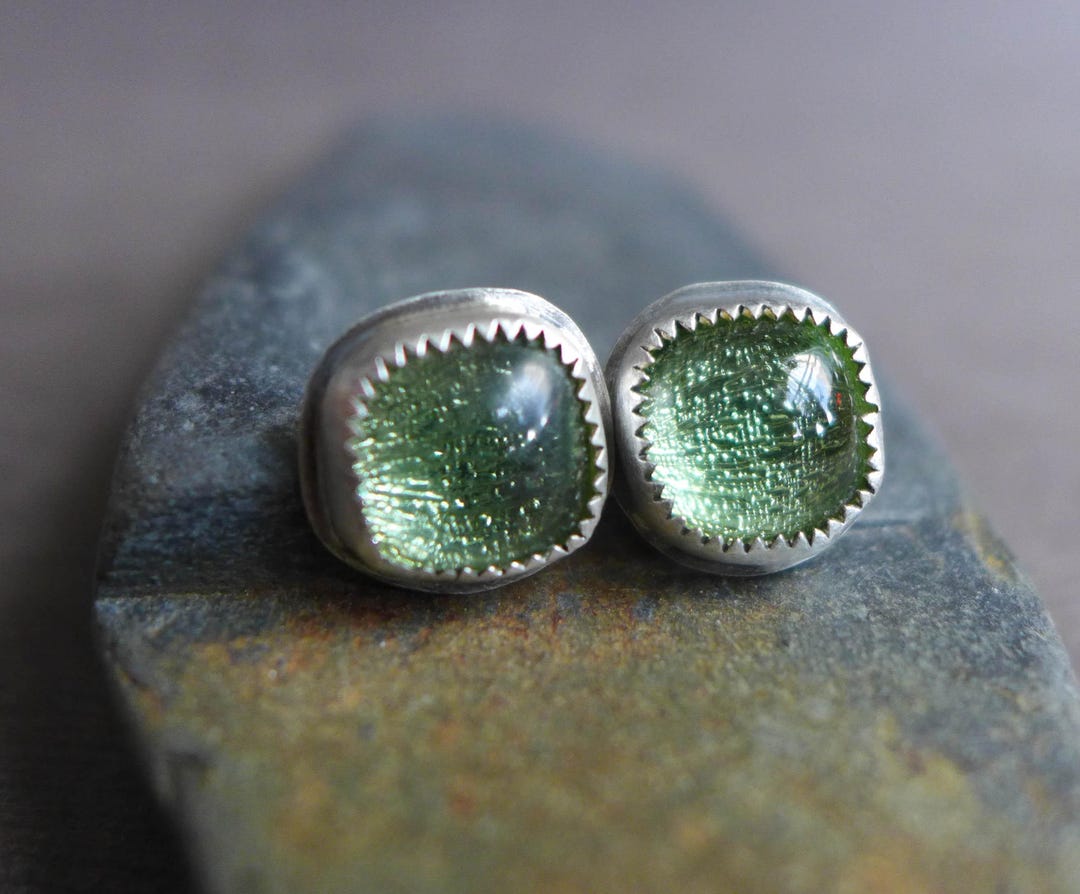 Sterling Silver and Green Crinkle Glass Stud Earrings, Celadon Mint ...
