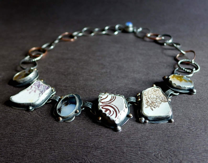 Brown White Moss Agate Pottery Shard Statement Necklace - Etsy