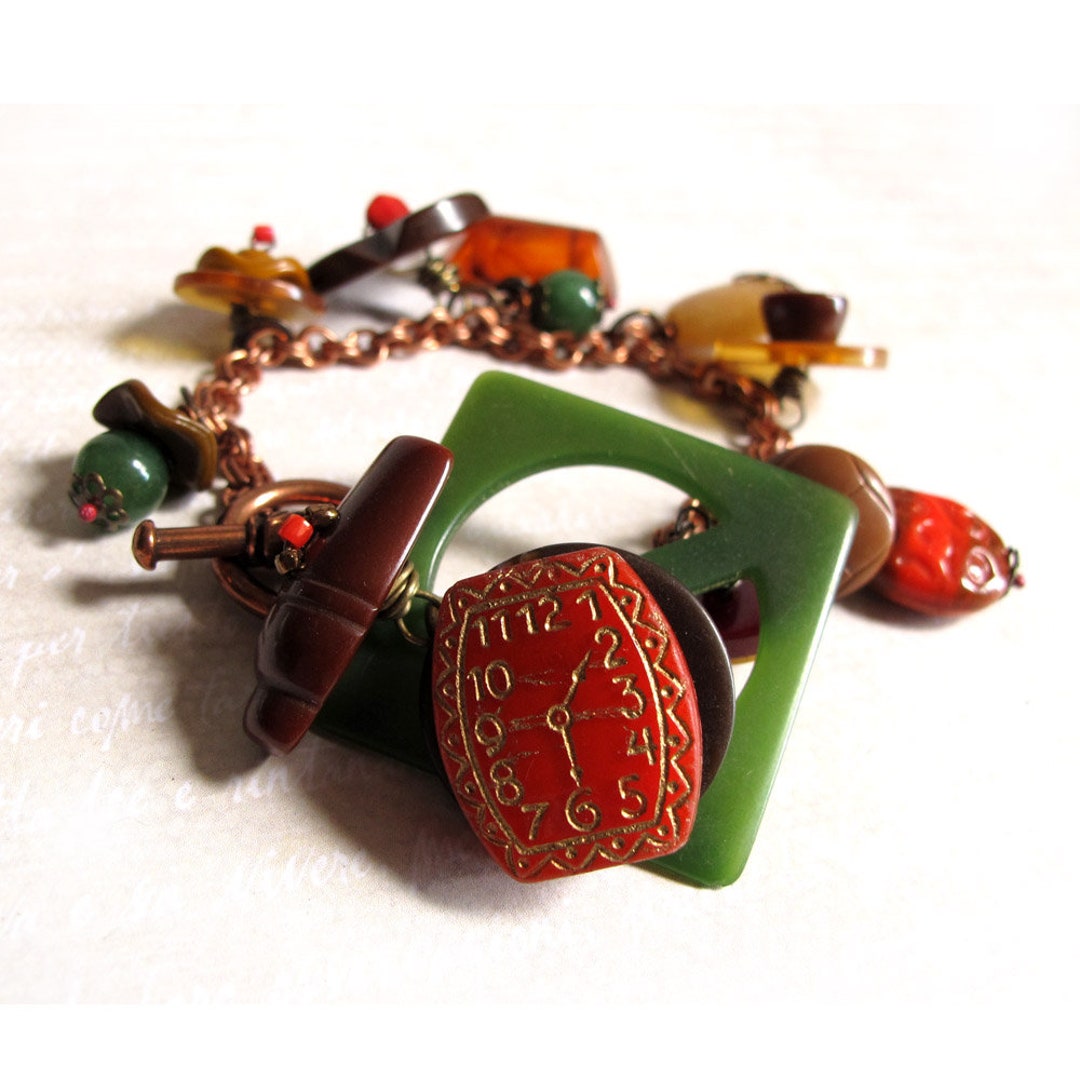 Bakelite Vintage Button Gemstone Glass Bead Bracelet, Autumn Fall ...