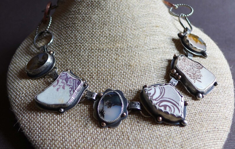 Brown White Moss Agate Pottery Shard Statement Necklace - Etsy