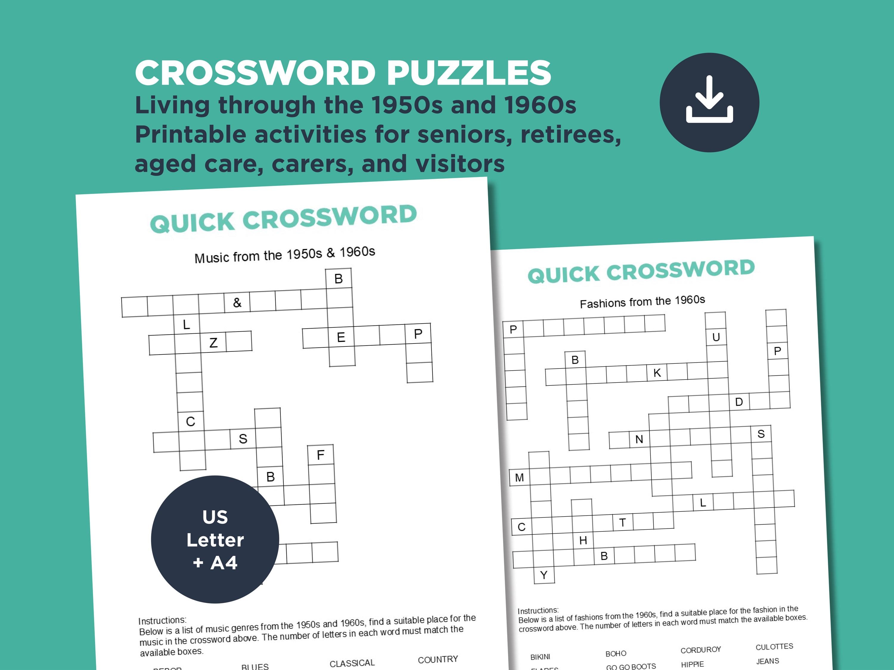 Crossword Puzzle Activities for Dementia Alzheimer's Elderly Memory ...