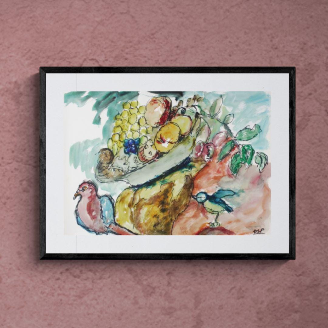 Fruit and Birds - Original Expressionist Watercolour Still-life Bird ...