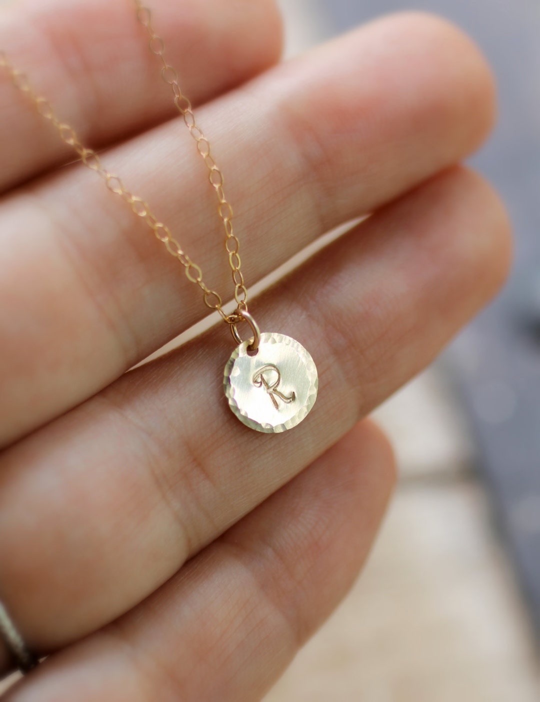 Tiny Gold Initial Necklace, Hammered Edge Circle, Custom Letter ...