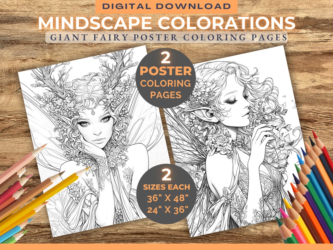 Two Giant Fairy Poster Coloring Pages | 36" X 48" & 24" X 36" | Wall ...
