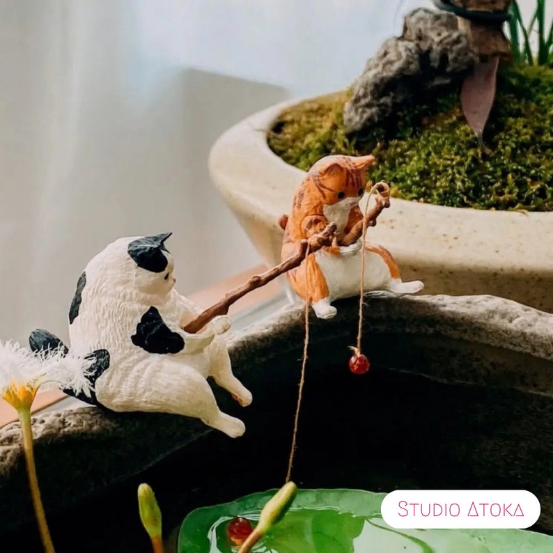 Miniature Fishing Cat Figurine Cute Resin Cats Ornaments Unique Cat ...