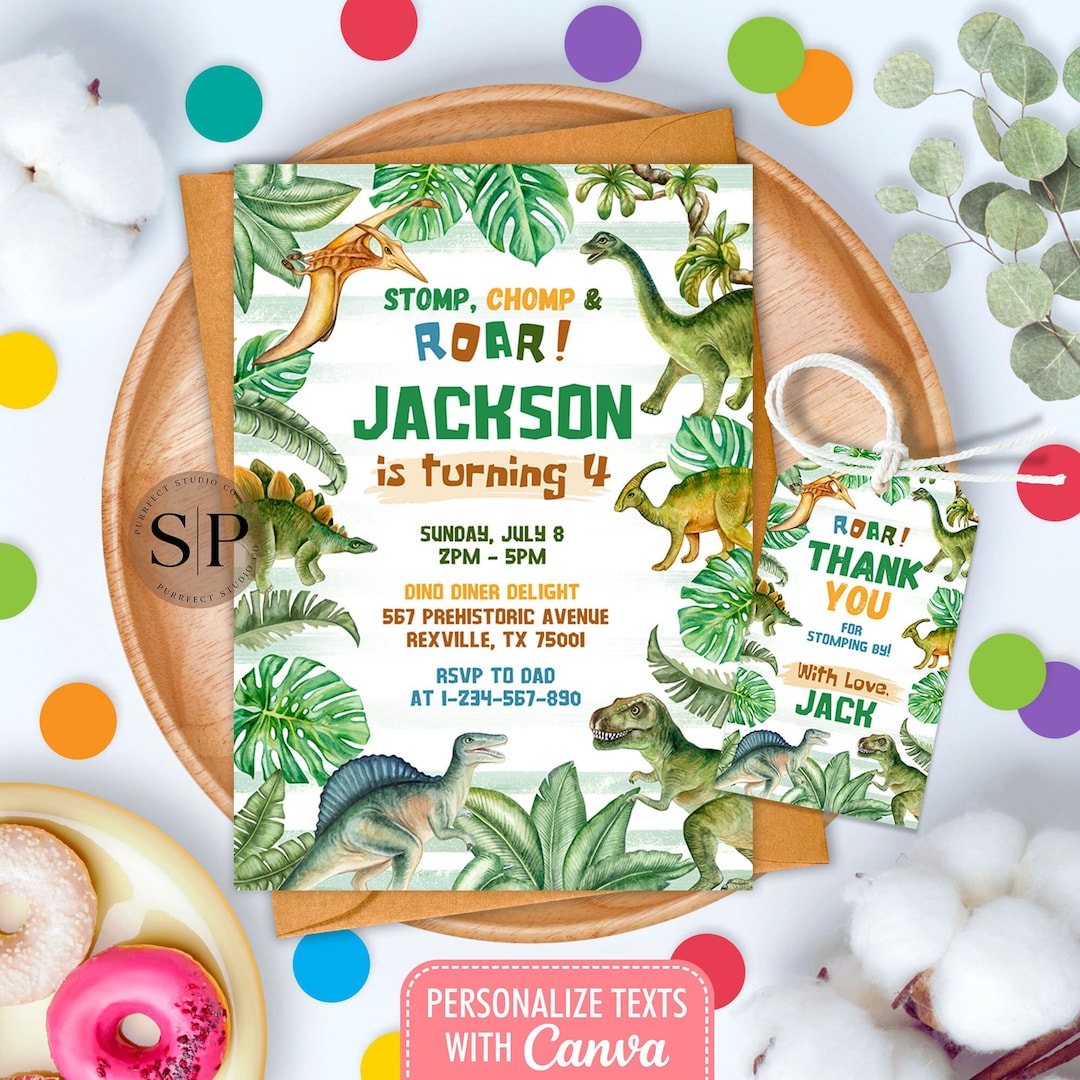 Printable Editable 5x7 Green Dino T-rex Invitation Templates, Dinosaurs ...