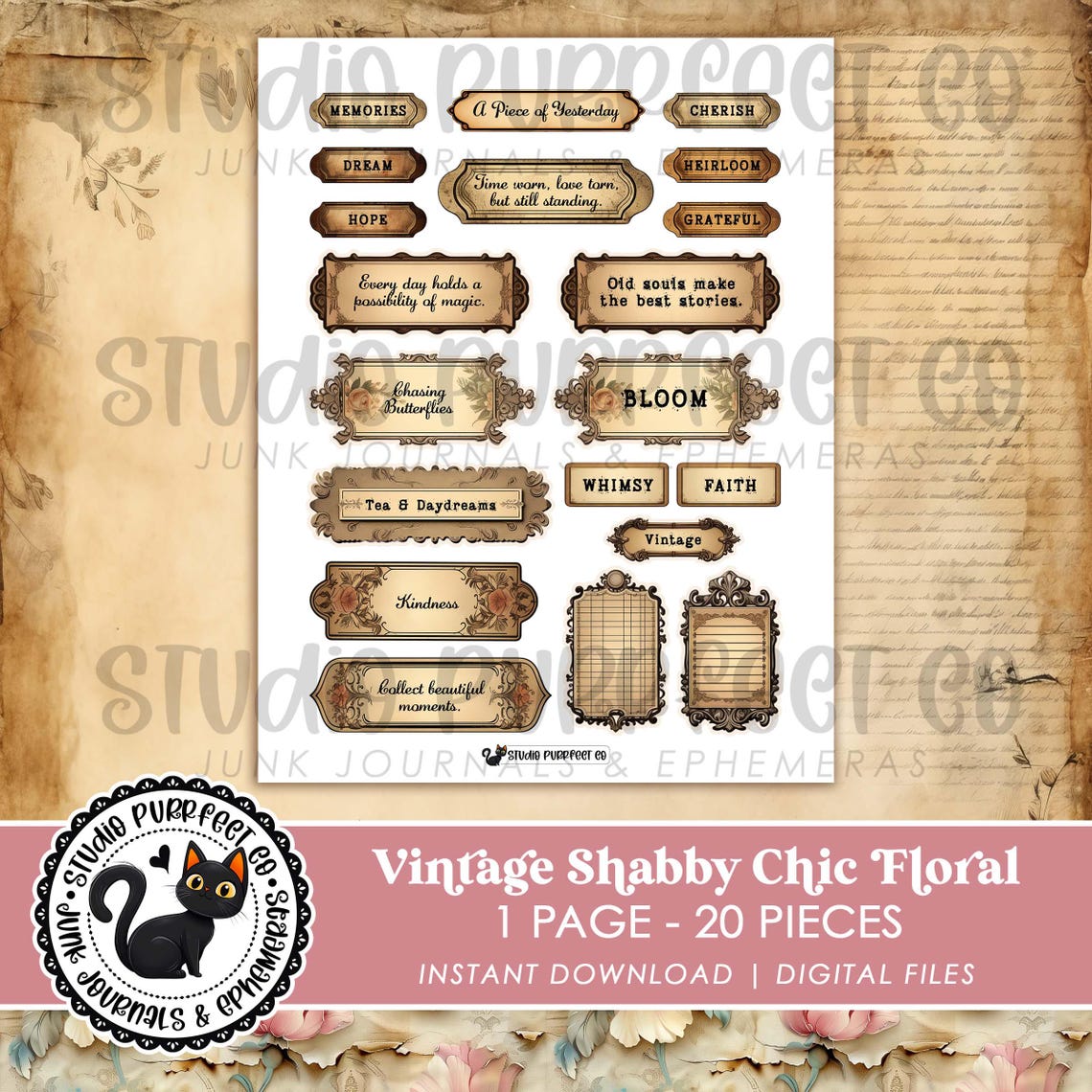 Junk Journals Printable Shabby Chic Labels With Vintage Words Phrase ...