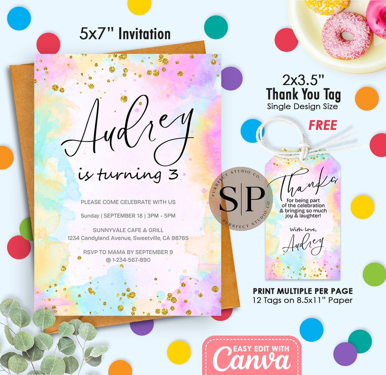 Editable Printable 5x7 Pastel Watercolor Kids Birthday Invitation ...
