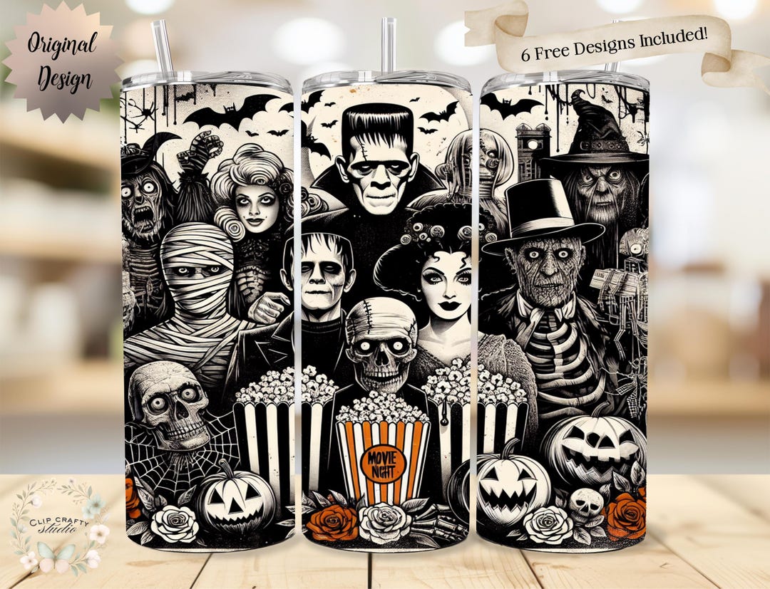 Vintage Classic Horror Characters Movie Night 20oz Tumbler Wrap Png ...
