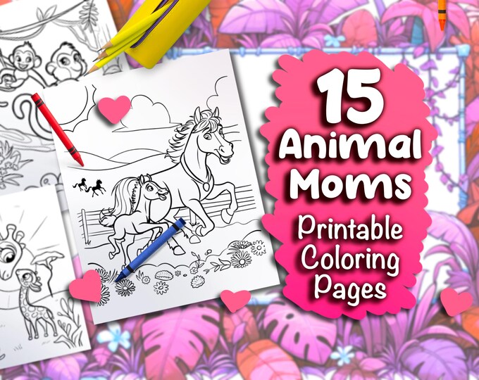 20 Cute Mom and Baby Animal Coloring Pages Bundle, Cute Baby Animal ...