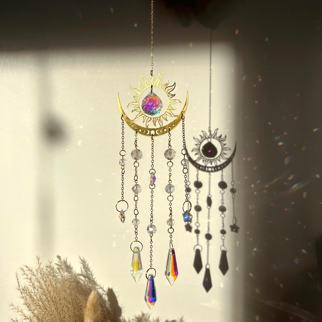 Crystal Half Moon Suncatcher – Retro Sun and Moon Window Hanging ...