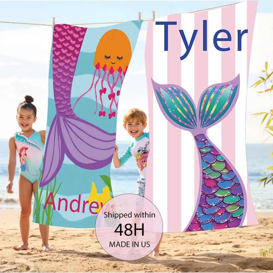 Custom Mermaid Tail Name Beach Towel,personalized Swim Towels for Kids ...