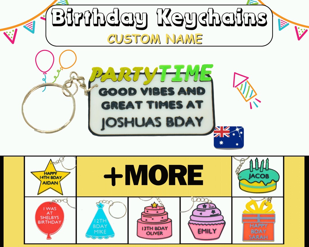 3d Printed BIRTHDAY Party Time KEYCHAIN, Personalized Name Bag Tag and ...