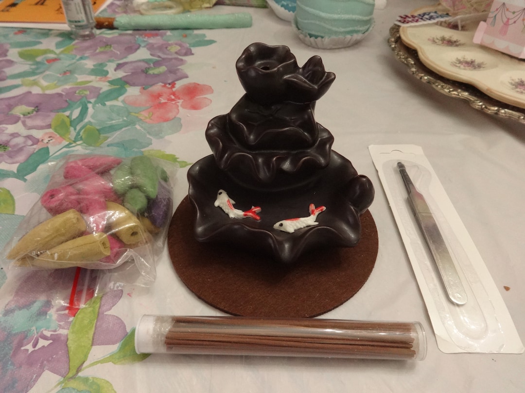 Koi Fish Lotus Waterfall Backflow Incense Burner Holder Sticks Cones ...