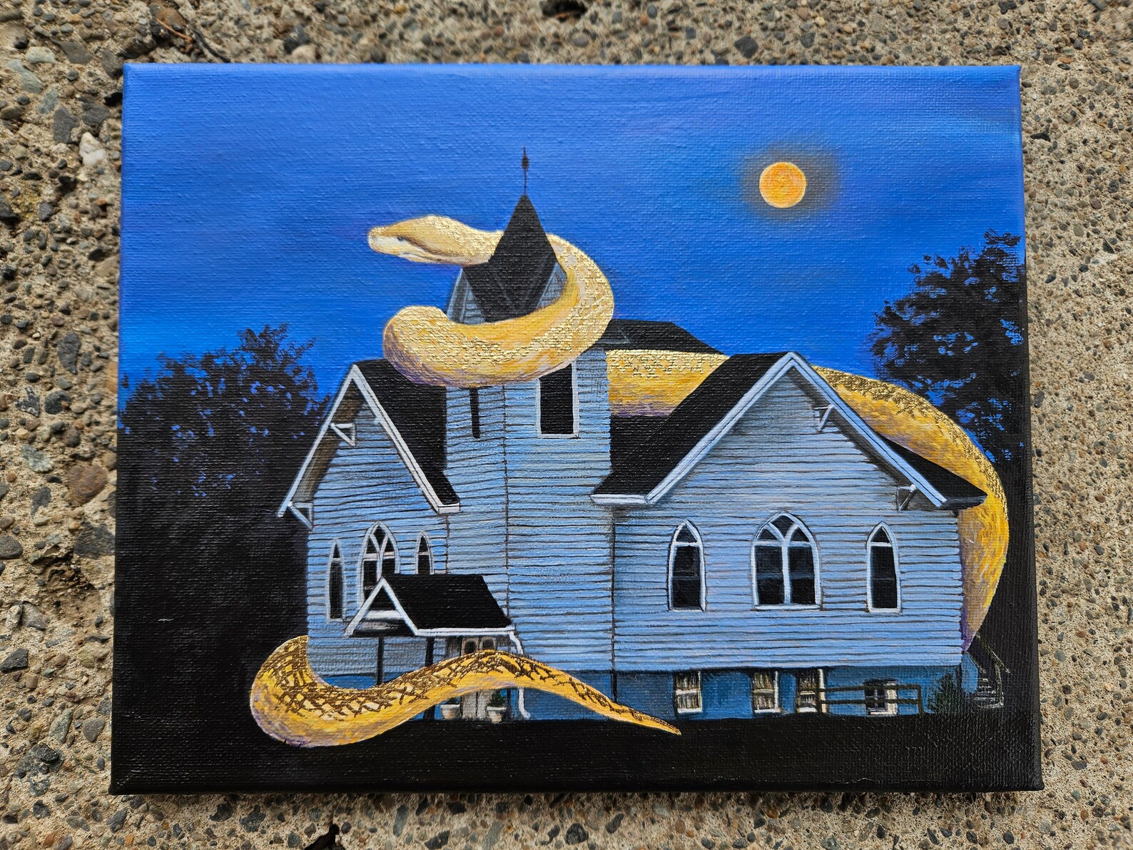 Reclamation 8x10in Canvas Painting, Snake, Church, Dusk, Acrylic - Etsy
