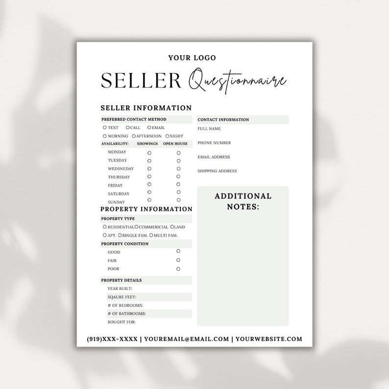 Real Estate Agent Seller's Questionnaire Template | Editable Canva Form ...