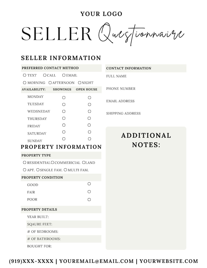 Real Estate Agent Seller's Questionnaire Template | Editable Canva Form ...