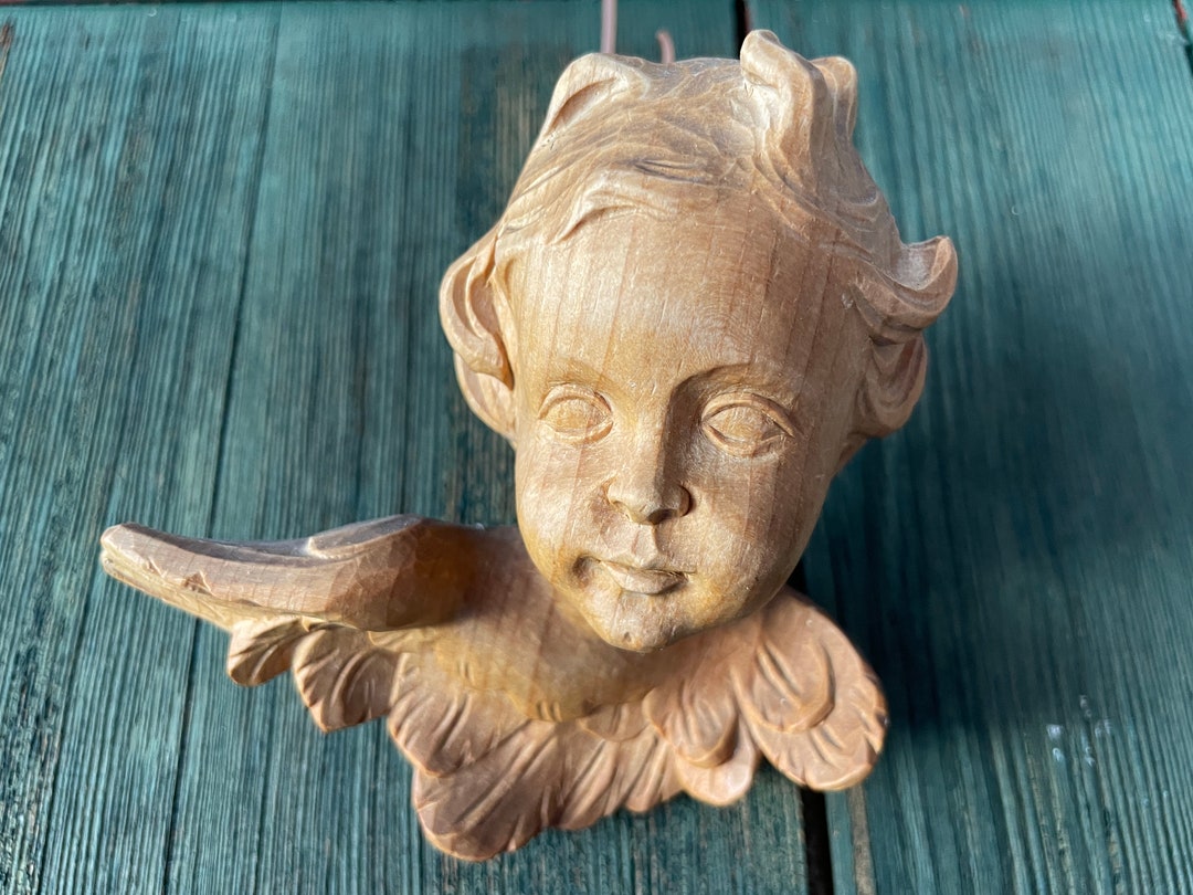 Vintage Carved Wood Angel Head With Wings Wall Hanging Art Figurine ...