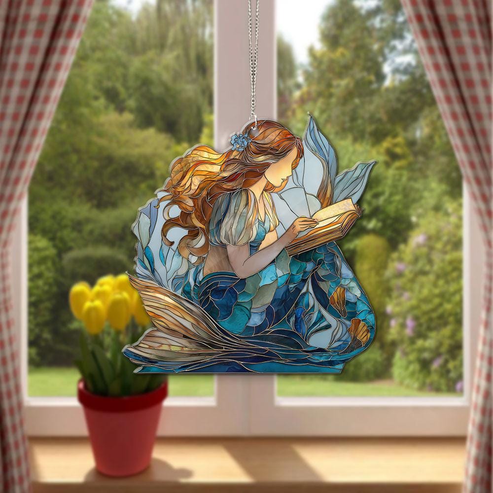Mermaid Suncatcher, Reading Mermaid Window Hanging, Ocean Fantasy ...