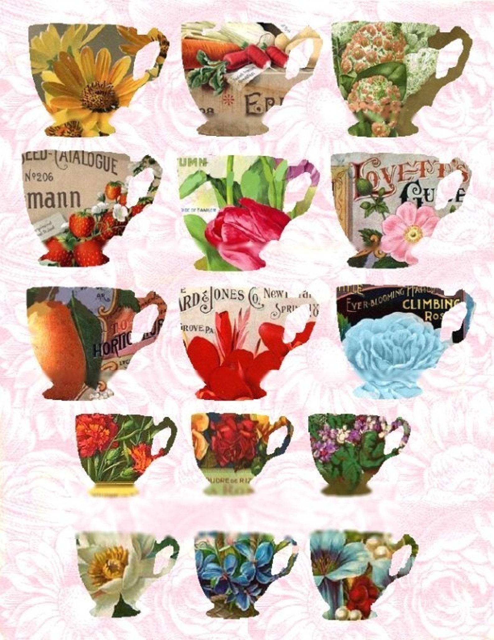 Garden Tea Party Cups - Digital Collage Sheet - Instant Download - Etsy