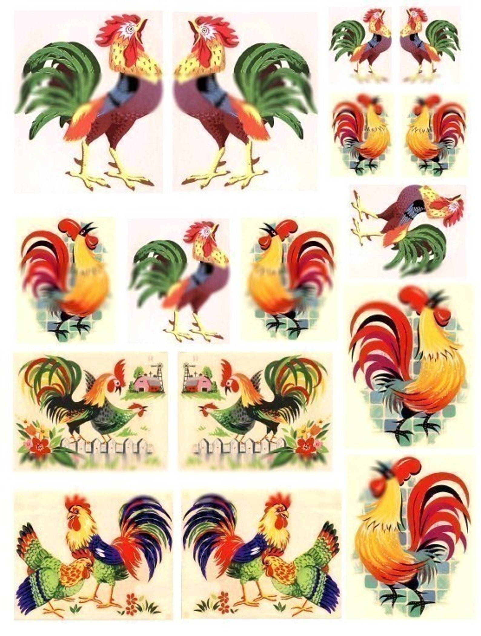 1950s Retro Roosters Kitchen Art - Digital Collage Sheet - Instant ...
