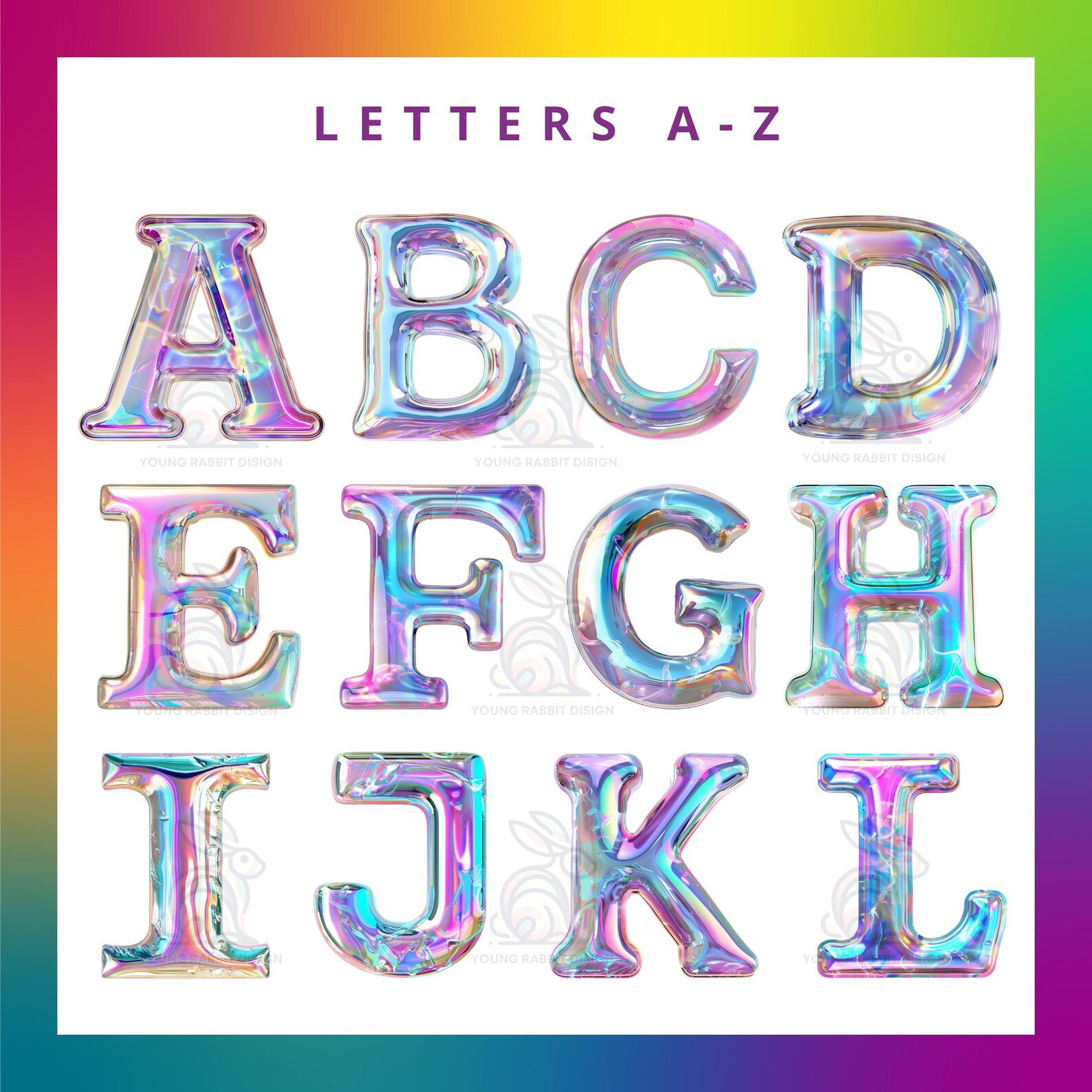 Rainbow Bubble Letters, Foil Balloon Letters, 36 PNG, Balloon Alphabet ...
