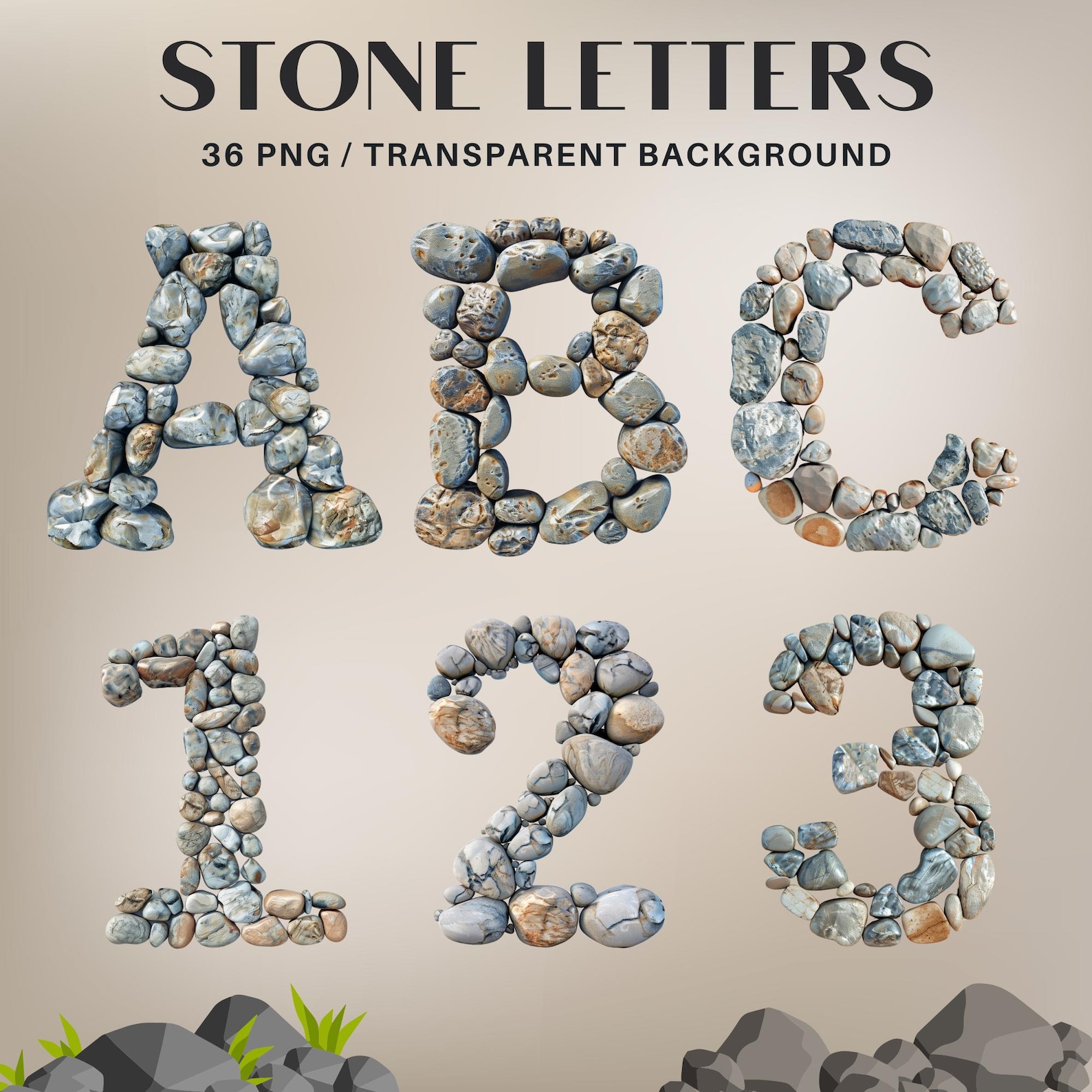 Stone Alphabet Clipart, Rock Letters and Numbers 36 PNG, Pebble Font ...