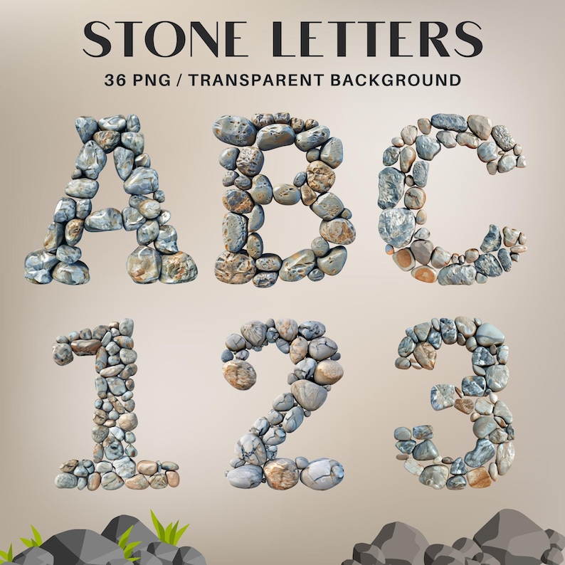 Stone Alphabet Clipart, Rock Letters and Numbers 36 PNG, Pebble Font ...