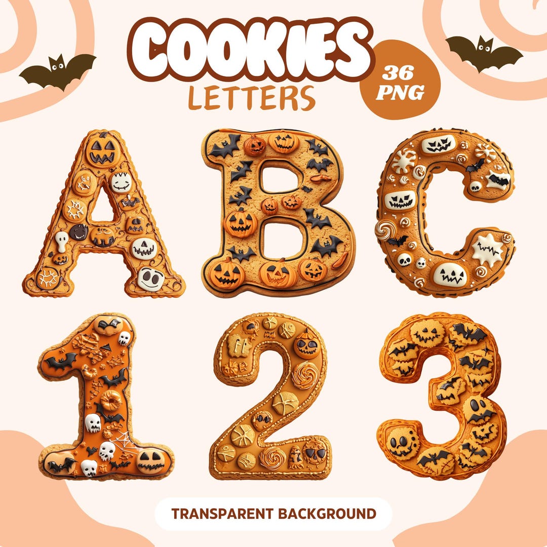 Halloween Cookie Letters and Numbers Clipart, Spooky Alphabet 36 PNG ...