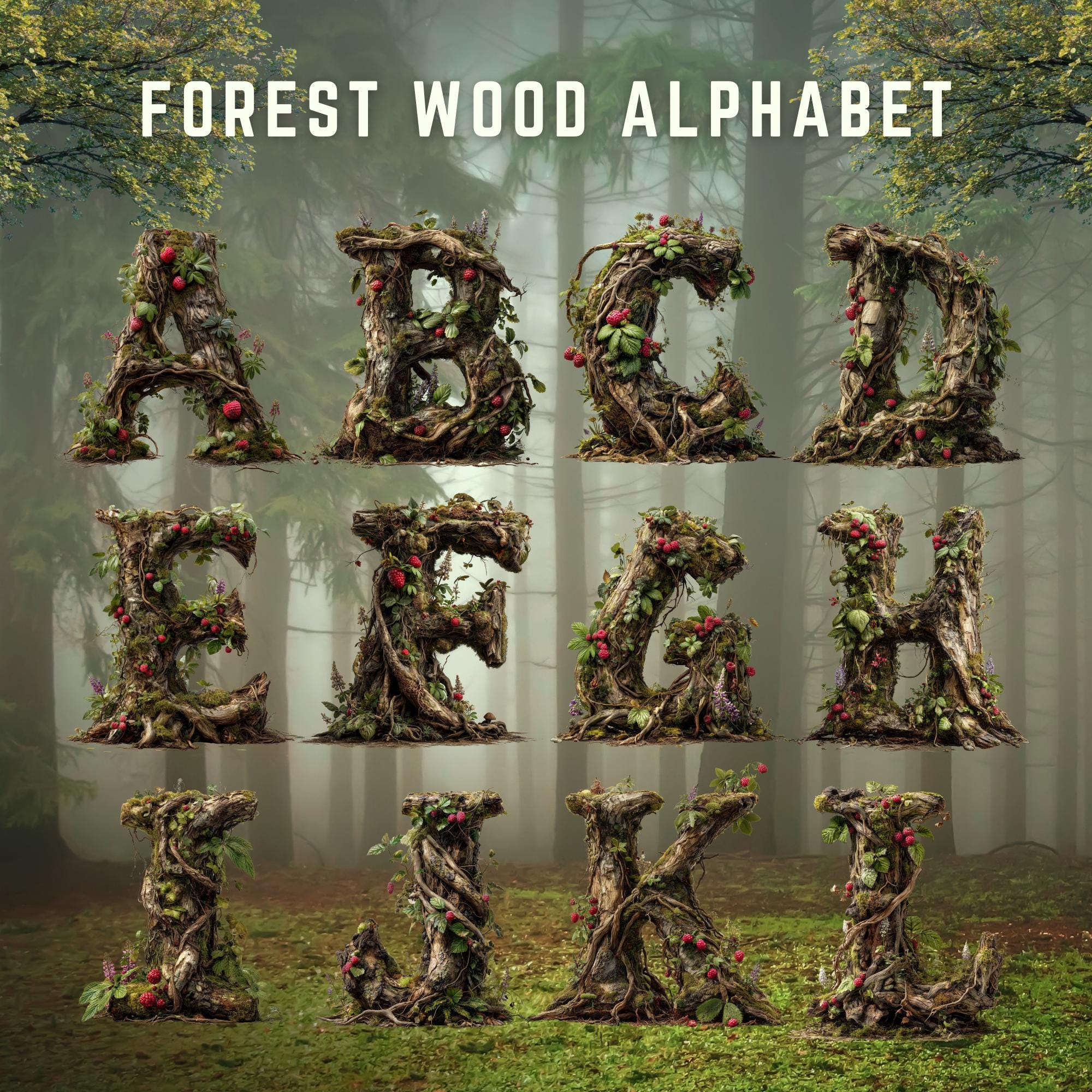 Forest Alphabet Clipart: Rustic Woodland Tree Letters, Numbers PNG ...