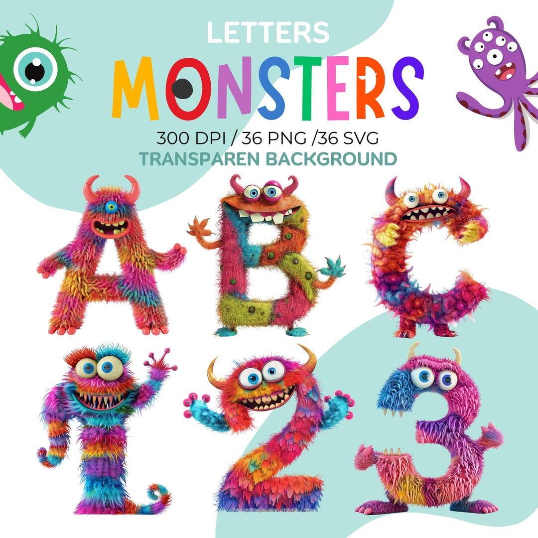 Cute Monster Clipart, Monster Letters 36 PNG, Fluffy Monsters, Kawaii ...