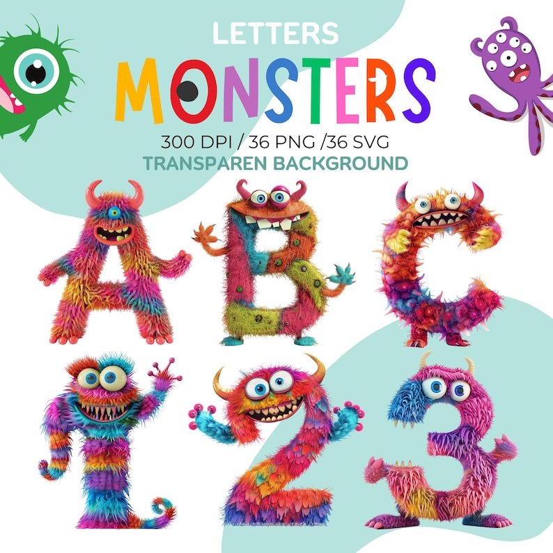 Monster Alphabet Clipart: 36 PNG & SVG Furry Letters (digital Download ...