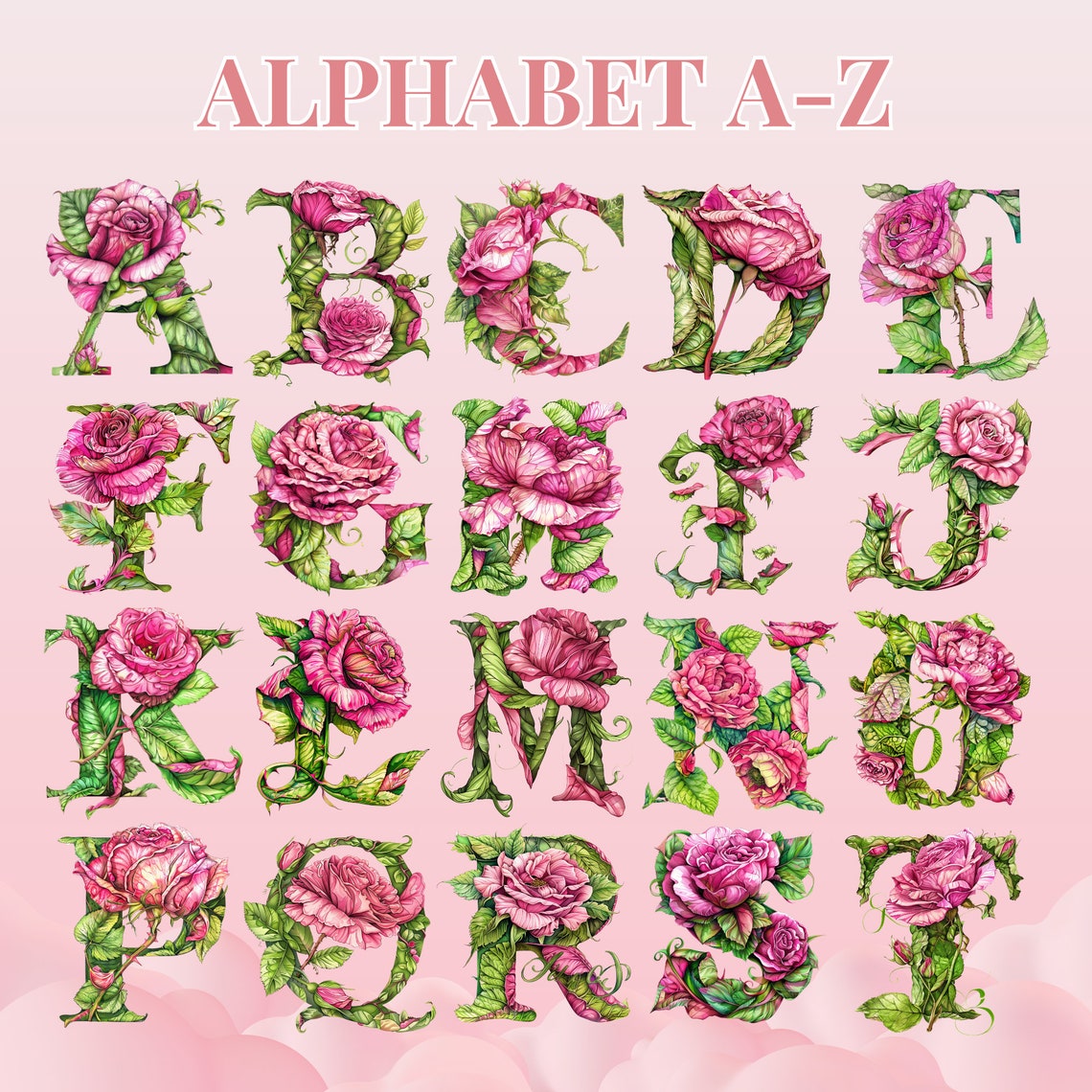 Rose Letters, Floral Alphabet, 36PNG, Pink Flowers Bundle, Pink ...