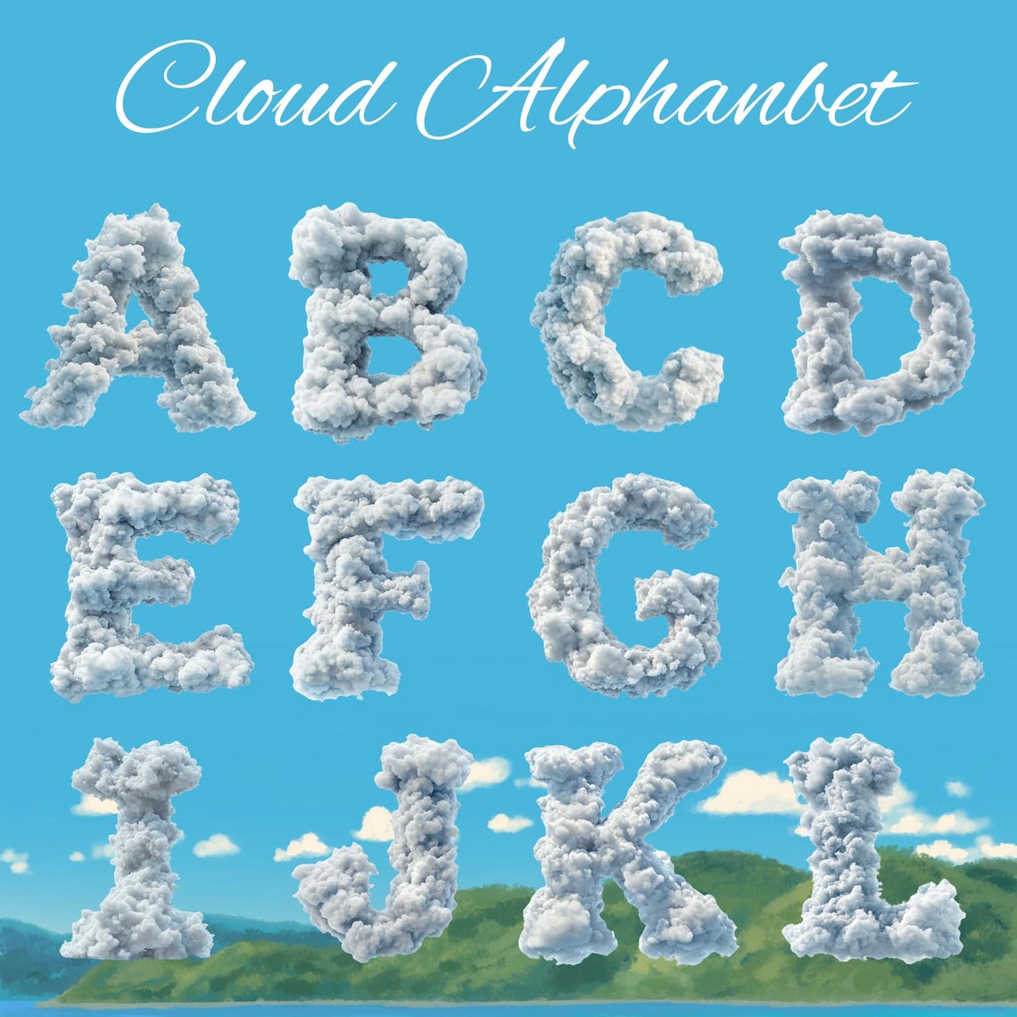 Cloud Alphabet Clipart 36 PNG, Fluffy Cloud Letters, Dreamy Sky Font ...